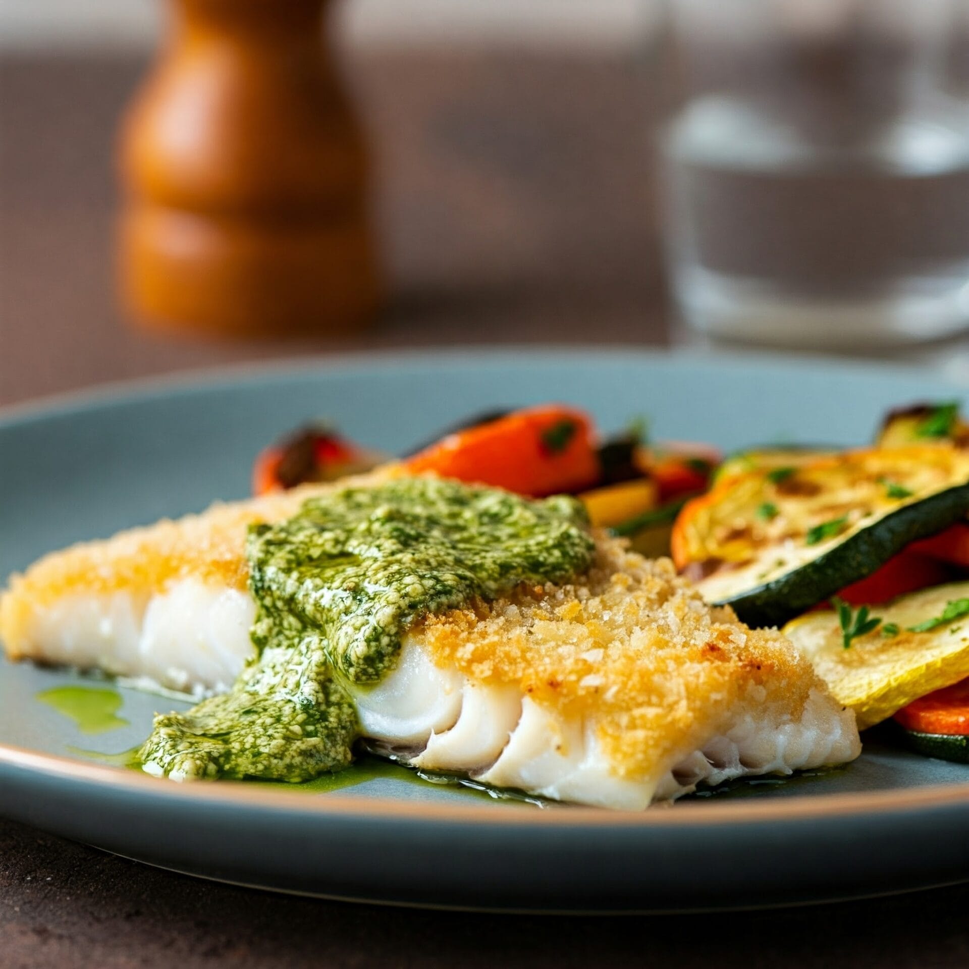 Pesto Cod With Sauteed Vegetables